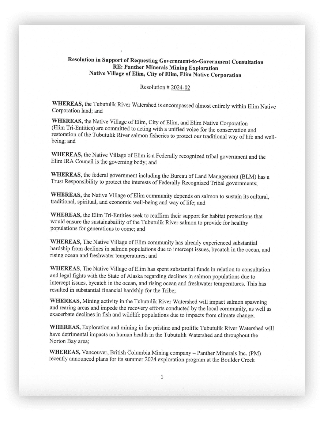 Elim Passes Resolution Opposing Panther Minerals' Boulder Creek ...